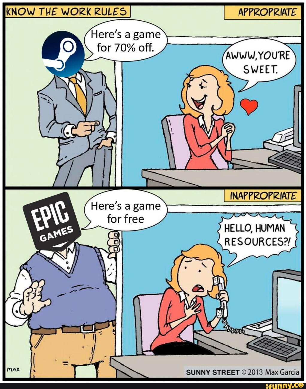 KNOW THE WORK RULES APPROPRIATE Here's a game for 70% off. HELLO, HUMAN RESOURCES?! SUNNY STREET ...