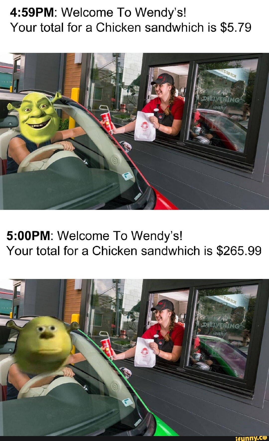 PM: Welcome To Wendy's! Your total for a Chicken sancwhich is $5.79 ...
