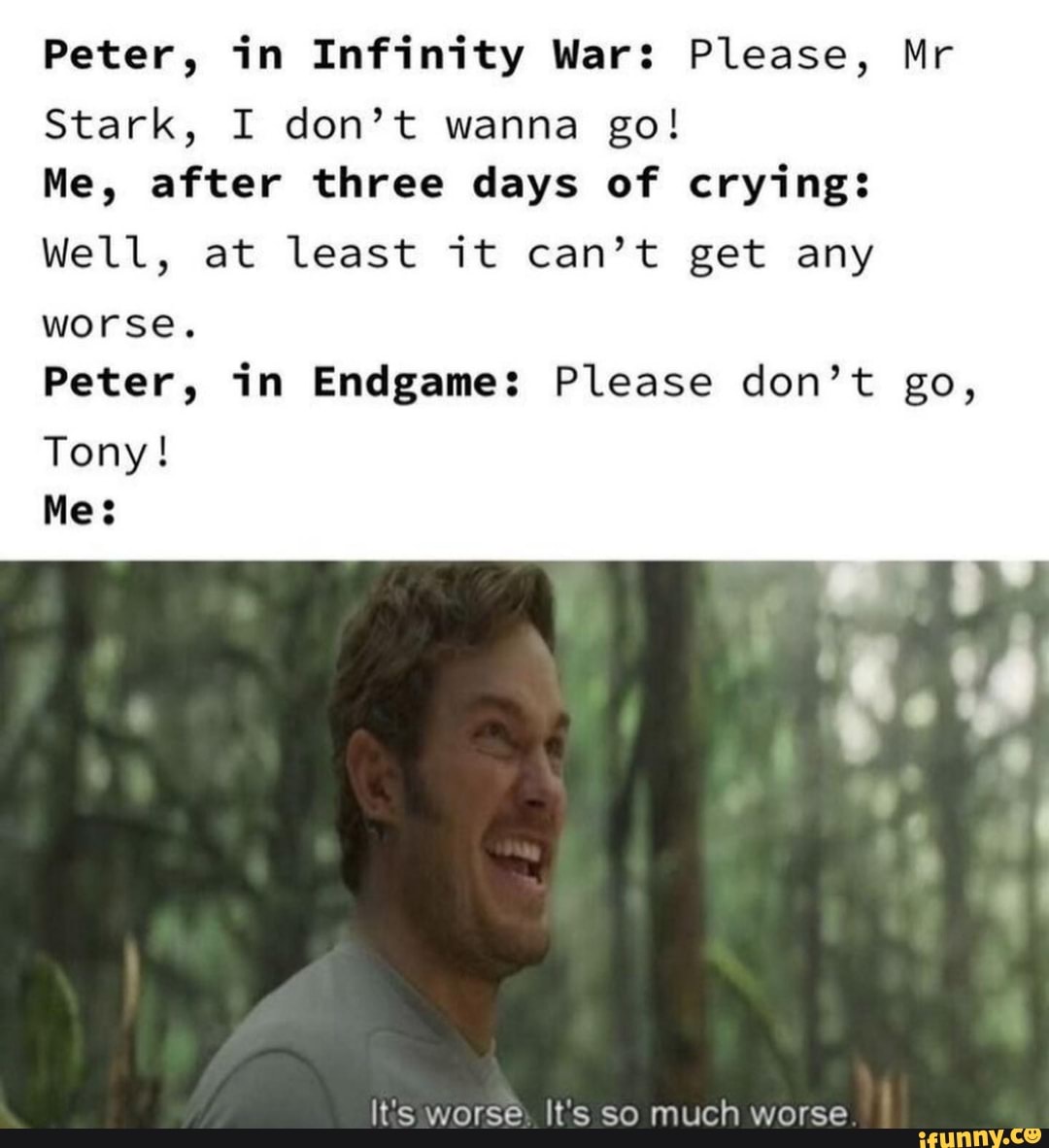 Peter, in Infinity War: Please, Mr Stark, I don’t wanna go! Me, after ...