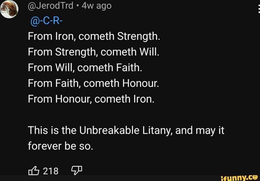 @JerodTrd ago @-C-R- From Iron, cometh Strength. From Strength, cometh ...