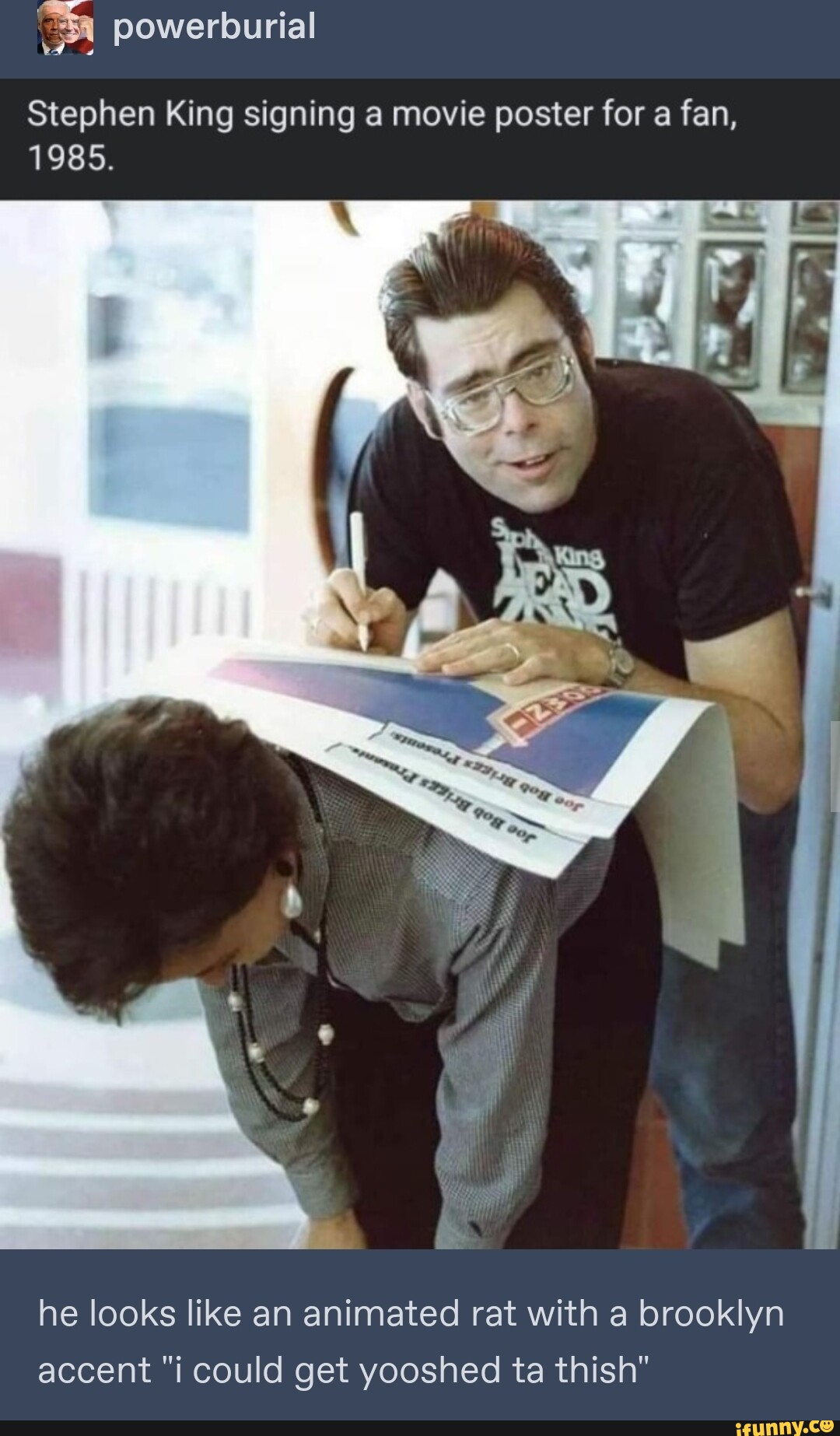 Stephen King signing a movie poster for a fan, 1985. he looks like an ...