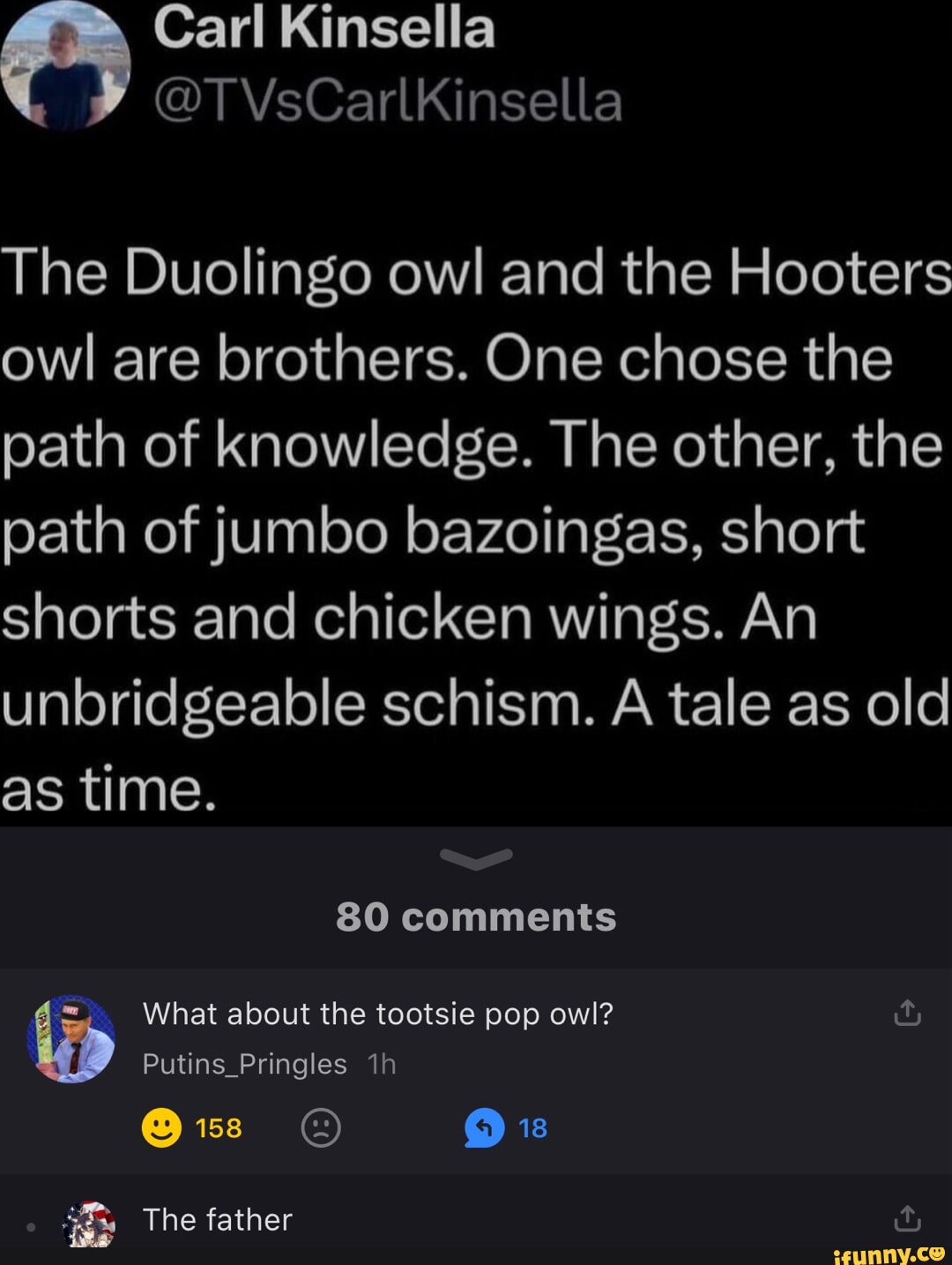 Carl Kinsella @TVsCarlKinsella The Duolingo owl and the Hooters owl are ...