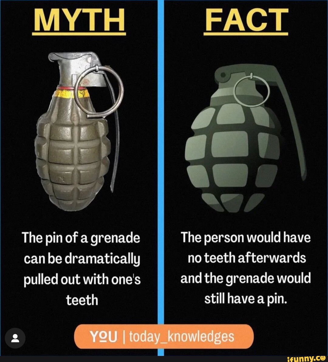 The pin of a grenade can be dramatically pulled out with one teeth FACT ar The person would have ...