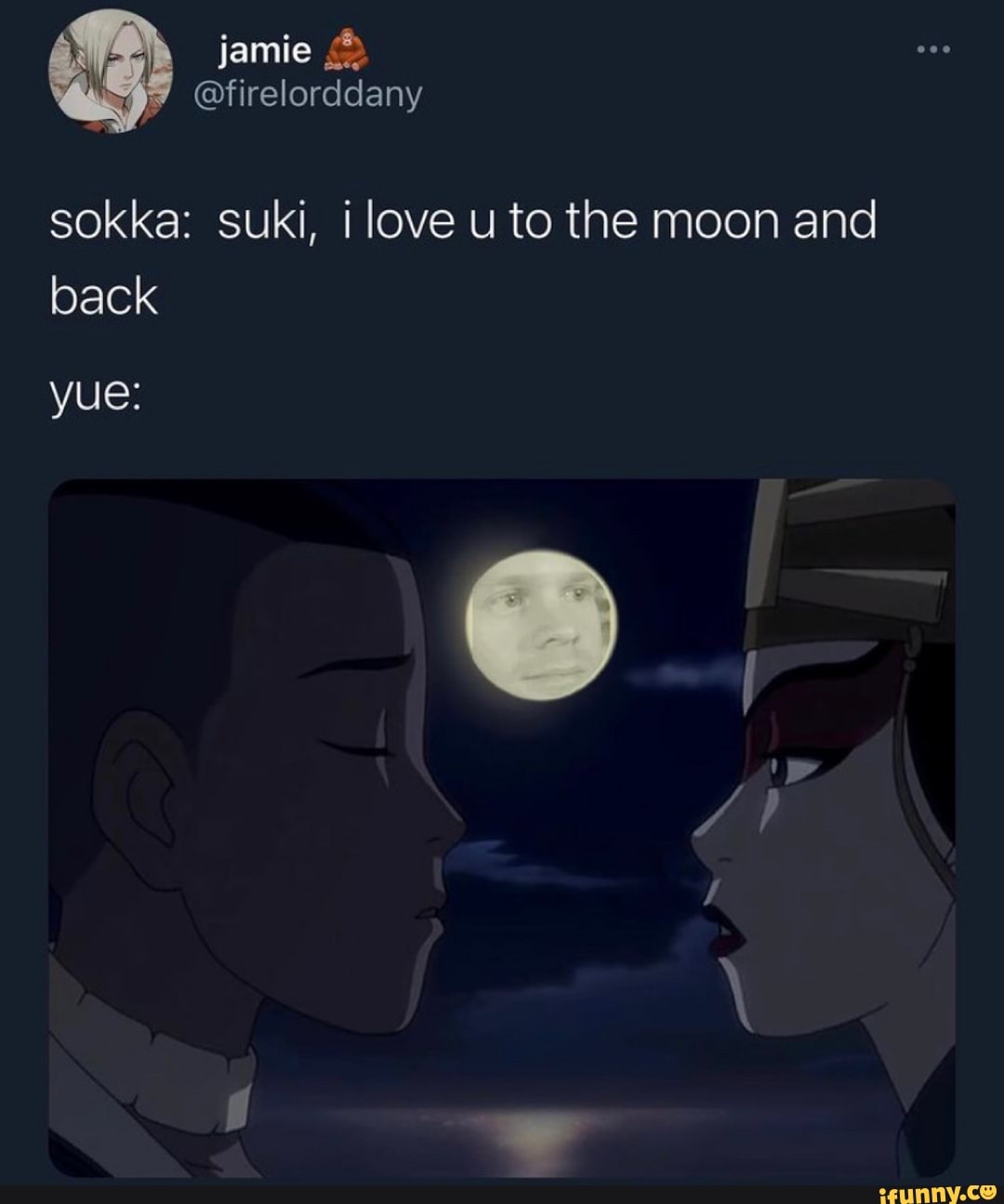 Jamie @firelorddany sokka: suki, i love u to the moon and back yue ...