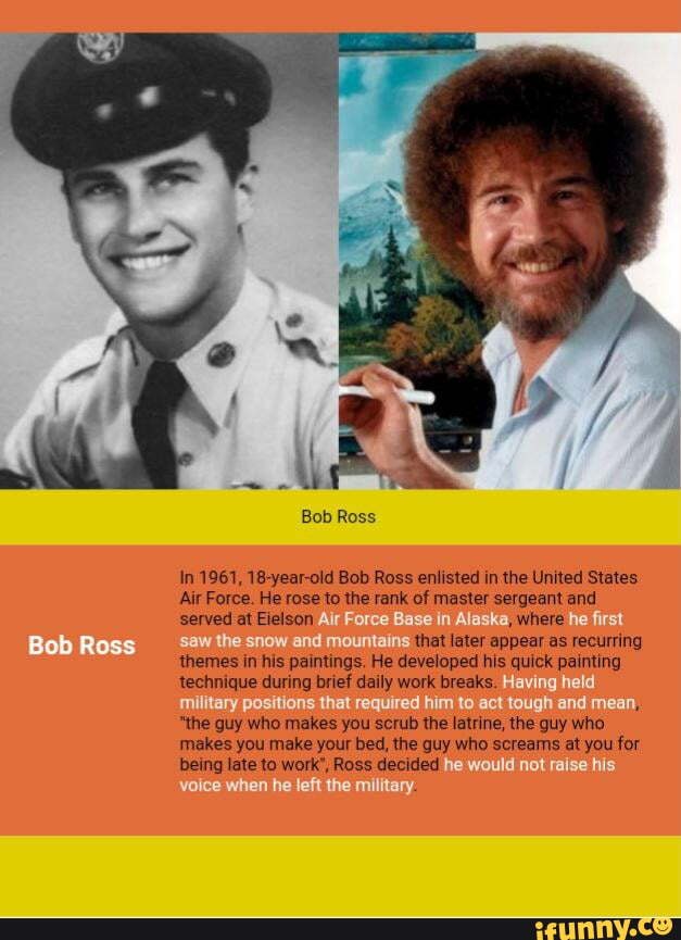 Bob Ross Bob Ross In 1961, 18-year-old Bob Ross enlisted in the United ...