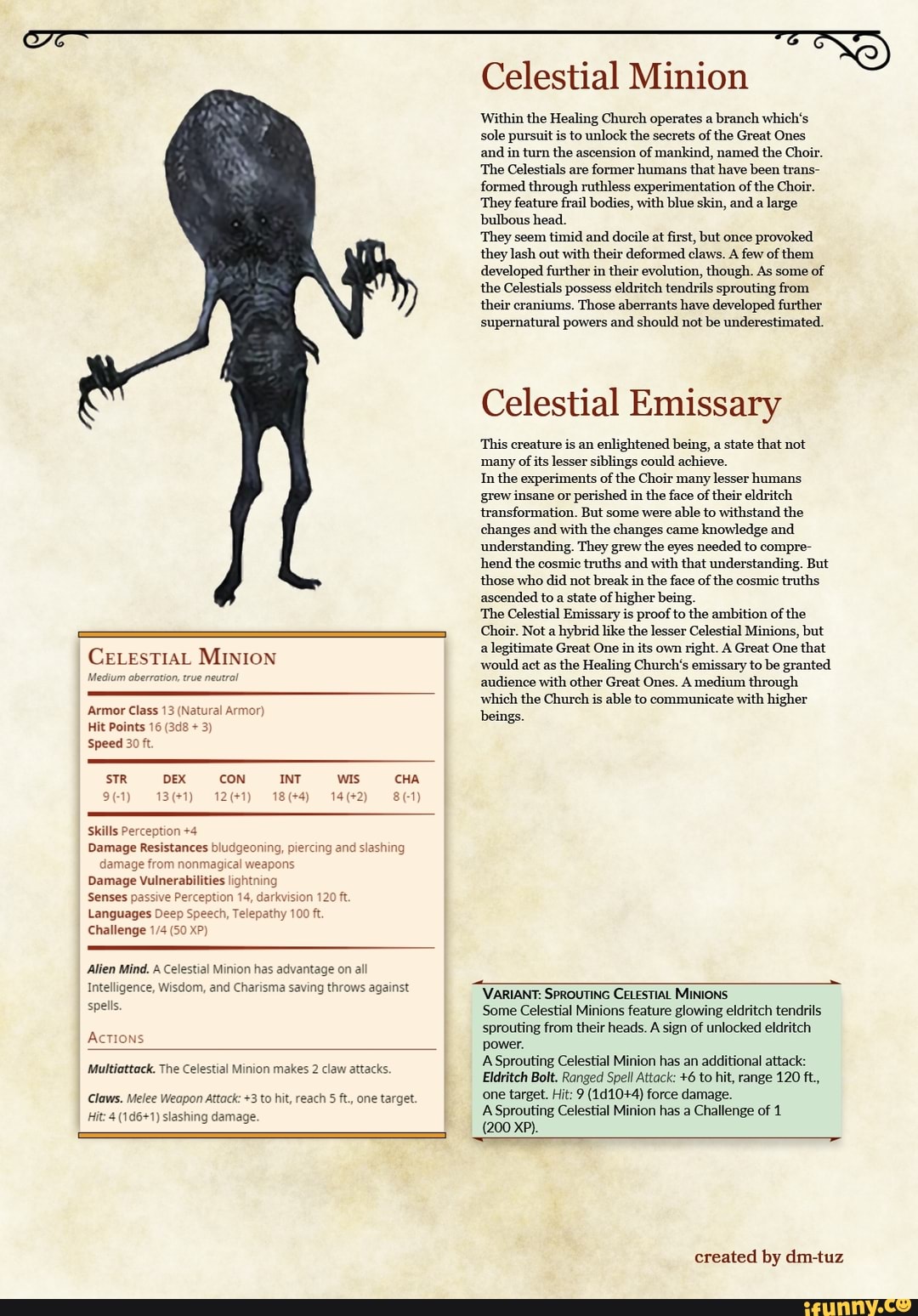 CELESTIAL MINION Medium aberration, true neutral Armor Class 13 ...