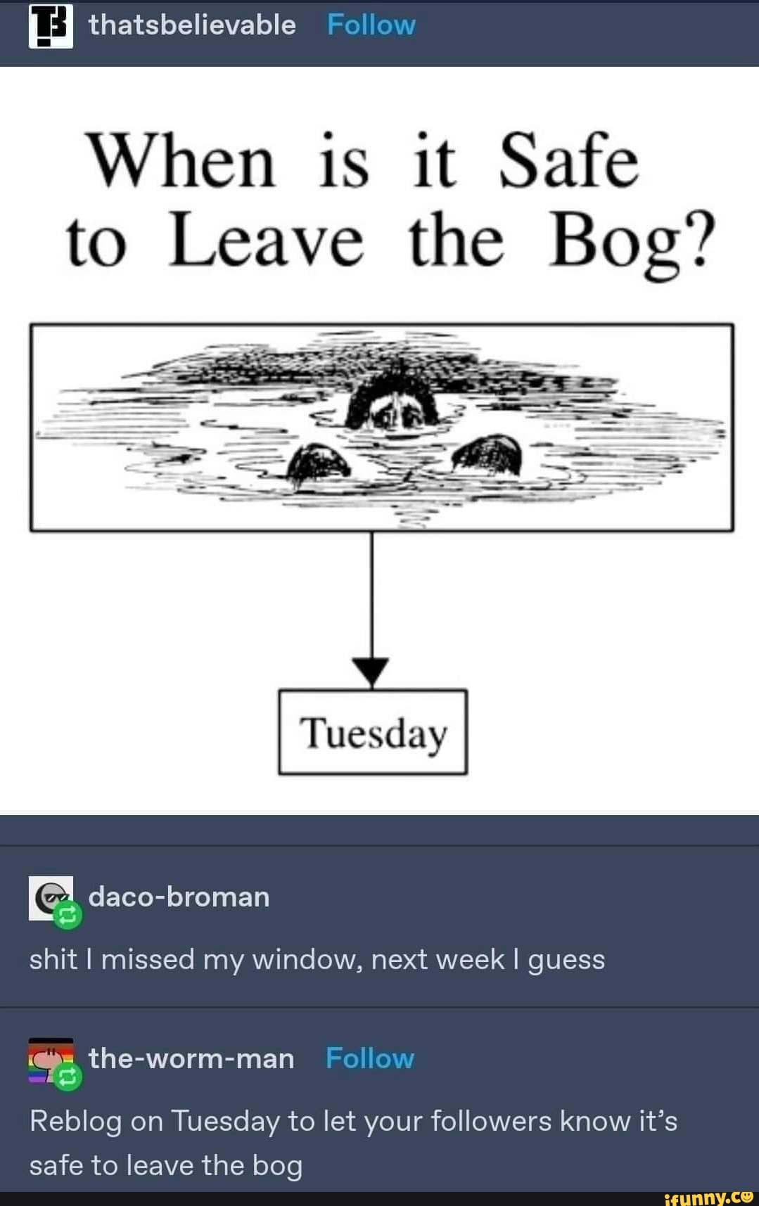 Thatsbelievable Follow When is it Safe to Leave the Bog? 'Tuesday shit ...