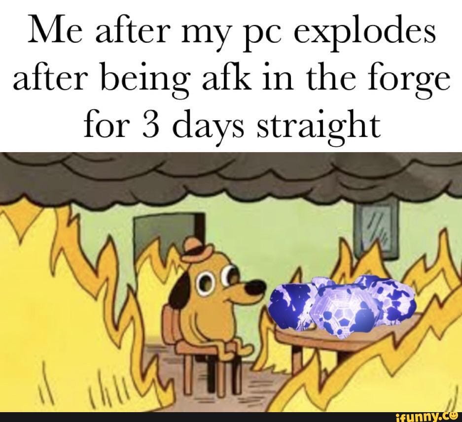 Me after my pc explodes after being afk in the forge for 3 days ...