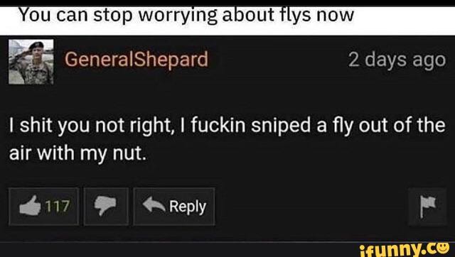 You can stop worrying about flys now I shit you not right, I fuckin ...