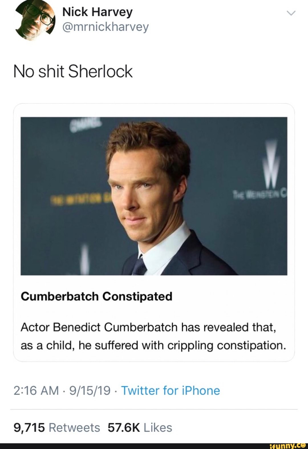 No shit Sherlock Cumberbatch Constipated Actor Benedict Cumberbatch has ...