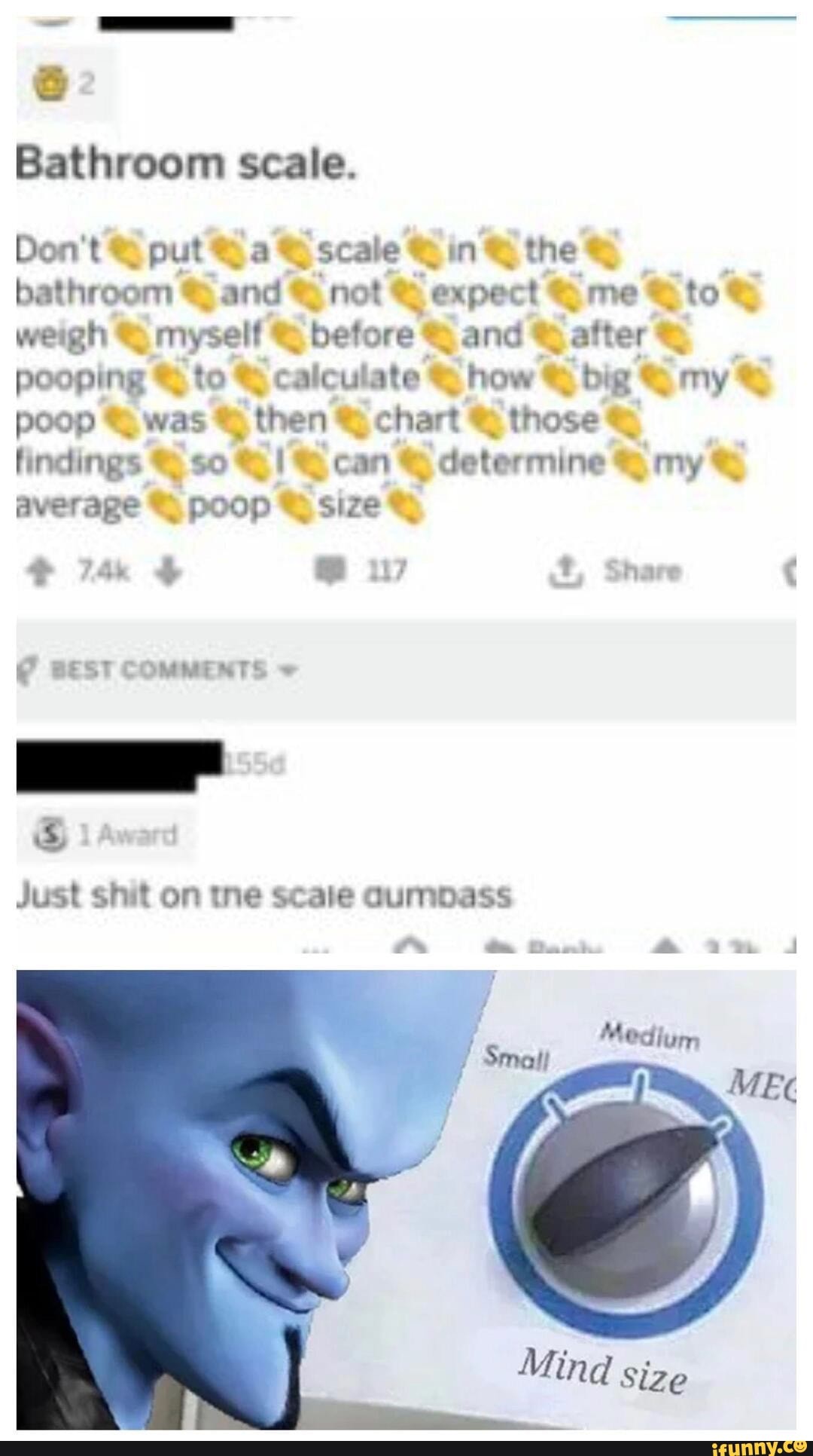 Bathroom scale. Don't put a scale in the bathroom and not expect me to ...