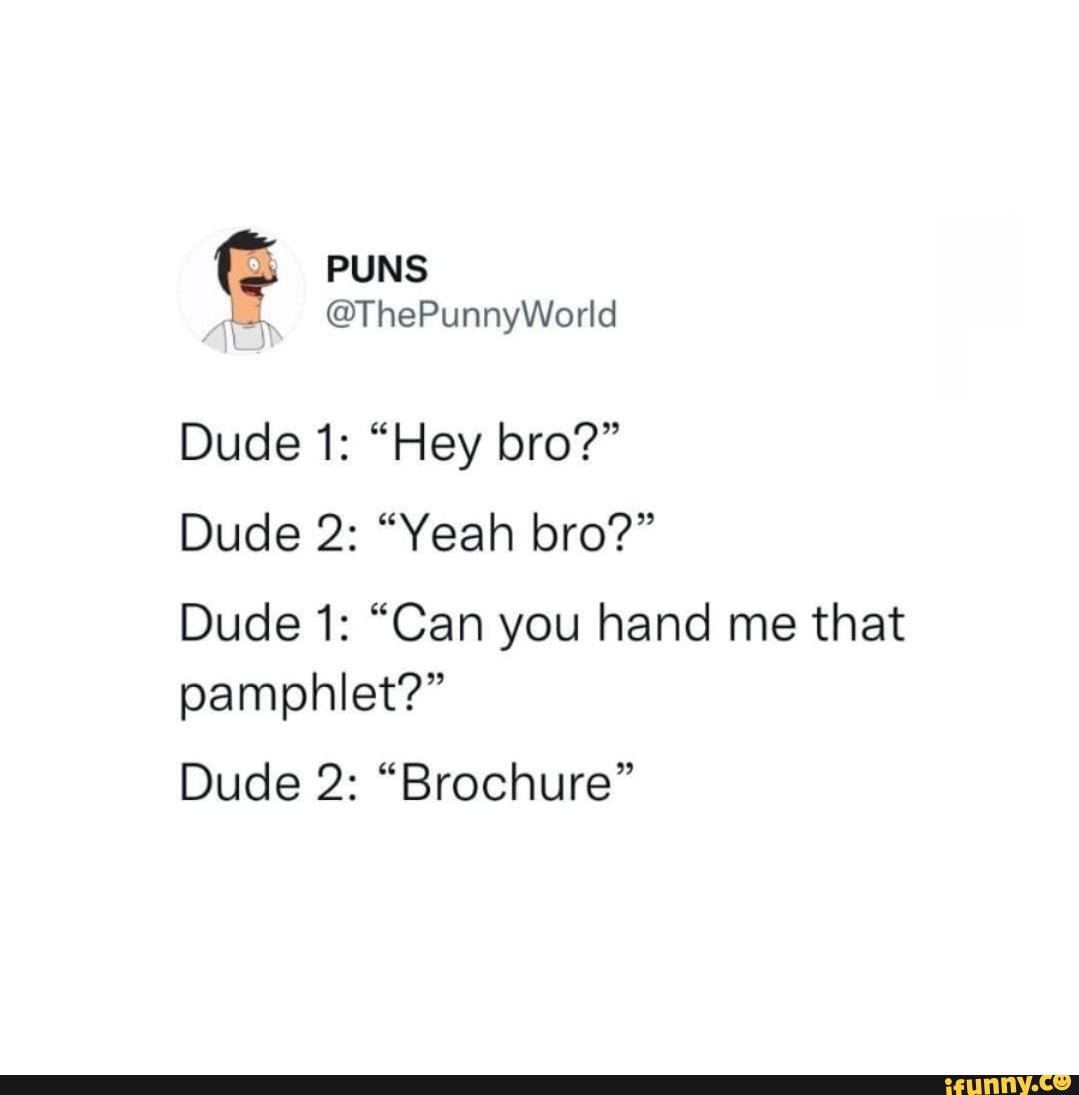 PUNS Dude 1: "Hey bro?" Dude 2: "Yeah bro?" Dude 1: "Can you hand me ...