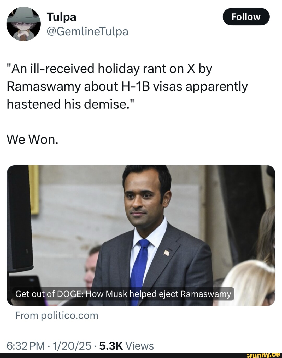 Tulpa "An ill-received holiday rant on X by Ramaswamy about H-1B visas ...