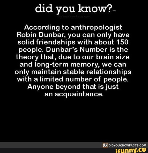 Did you know?-. According to anthropologist Robin Dunbar, you can only ...
