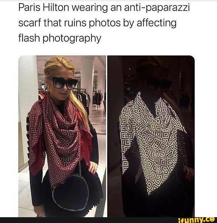 Paris Hilton wearing an anti-paparazzi scarf that ruins photos by ...