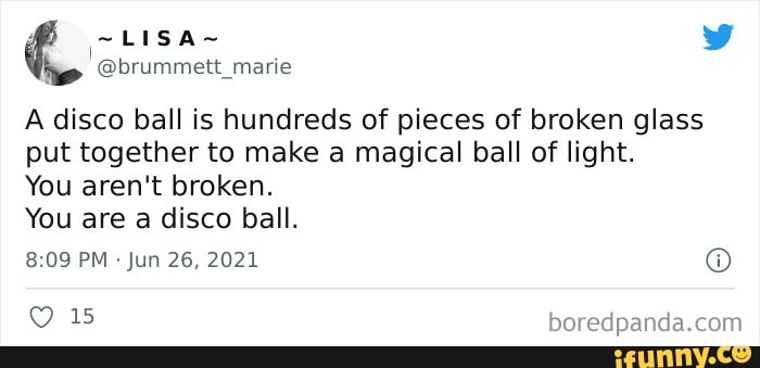 ~Lisa~ A disco ball is hundreds of pieces of broken glass put together ...