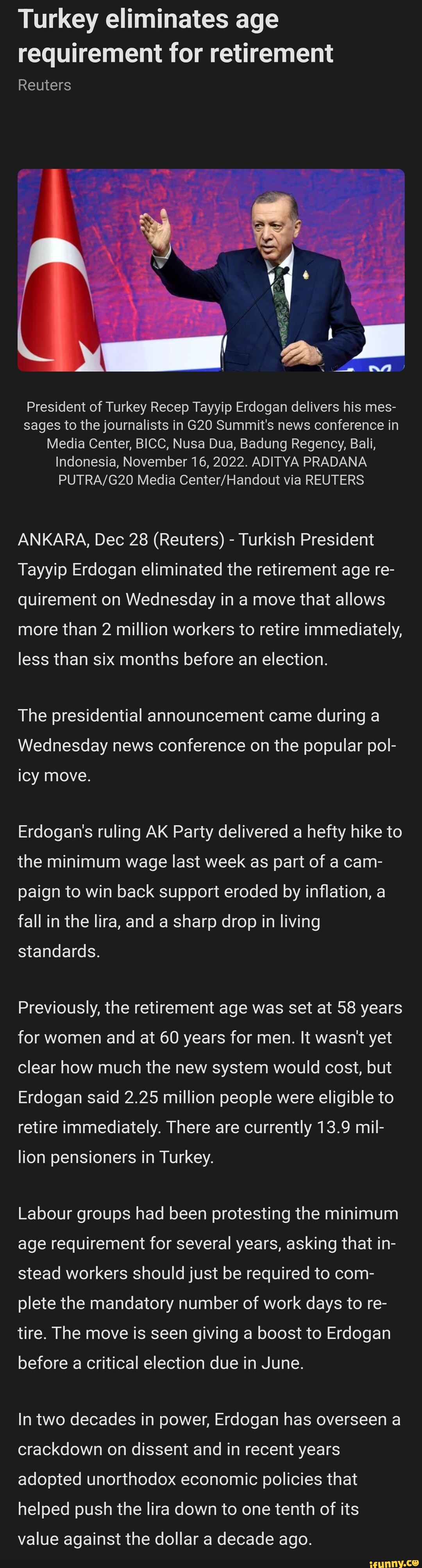 Turkey eliminates age requirement for retirement Reuters President of ...