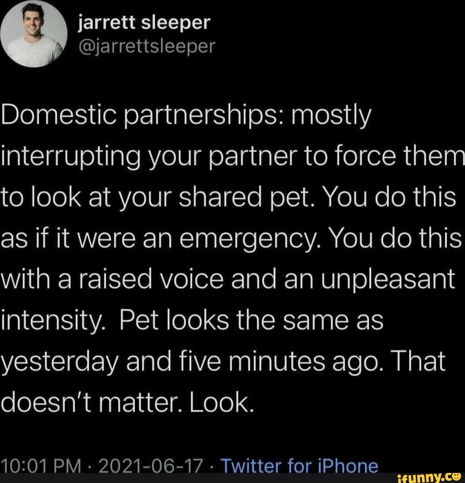 ) jarrett sleeper @jarretisleeper Domestic partnerships: mostly interrupting your partner to ...