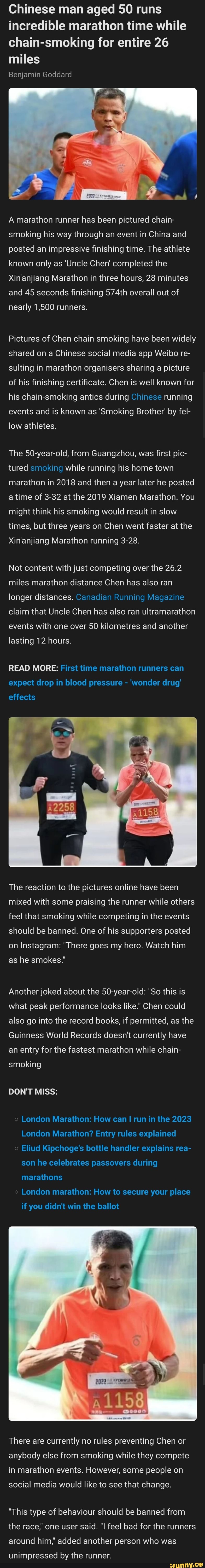 Chinese man aged 50 runs incredible marathon time while chain-smoking ...