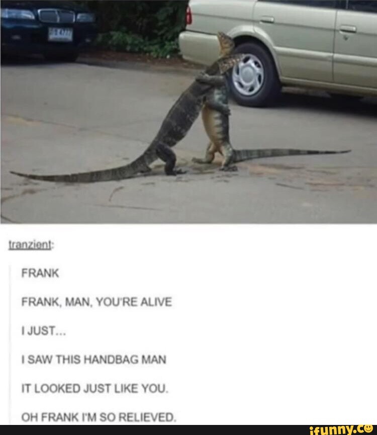 FRANK FRANK, MAN, YOU'RE ALIVE JUST. I SAW THIS HANDBAG MAN IT LOOKED ...