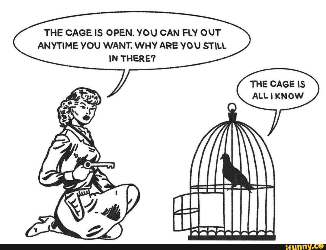 THE CAGE IS OPEN. YOU CAN FLY OUT ANYTIME YOU WANT. WHY ARE YOU STILL ...