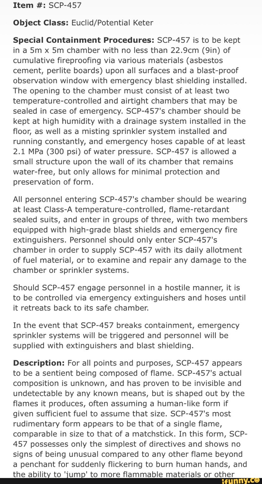 Item SCP-457 Object Class: Keter Special Containment Procedures: SCP ...
