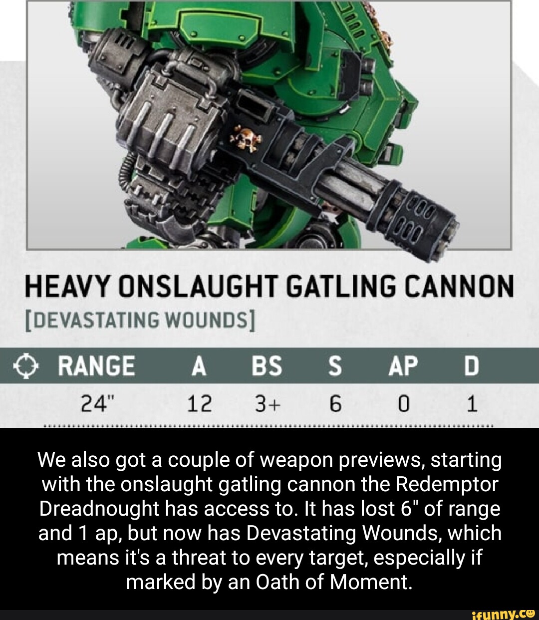 SS HEAVY ONSLAUGHT GATLING CANNON [DEVASTATING WOUNDS] RANGE A BS SS AP ...