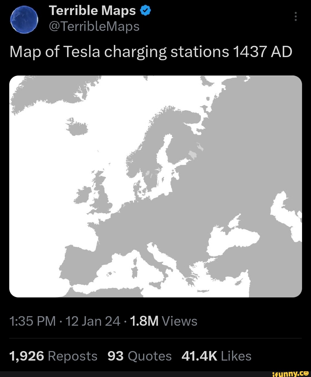 Terrible Maps @ Map of Tesla charging stations 1437 AD PM 12 Jan 24 -1 ...