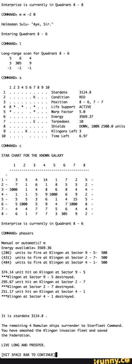 Enterprise is currently in Quadrant - 8 COMMAND> mm -2 Helmsman Sulu ...