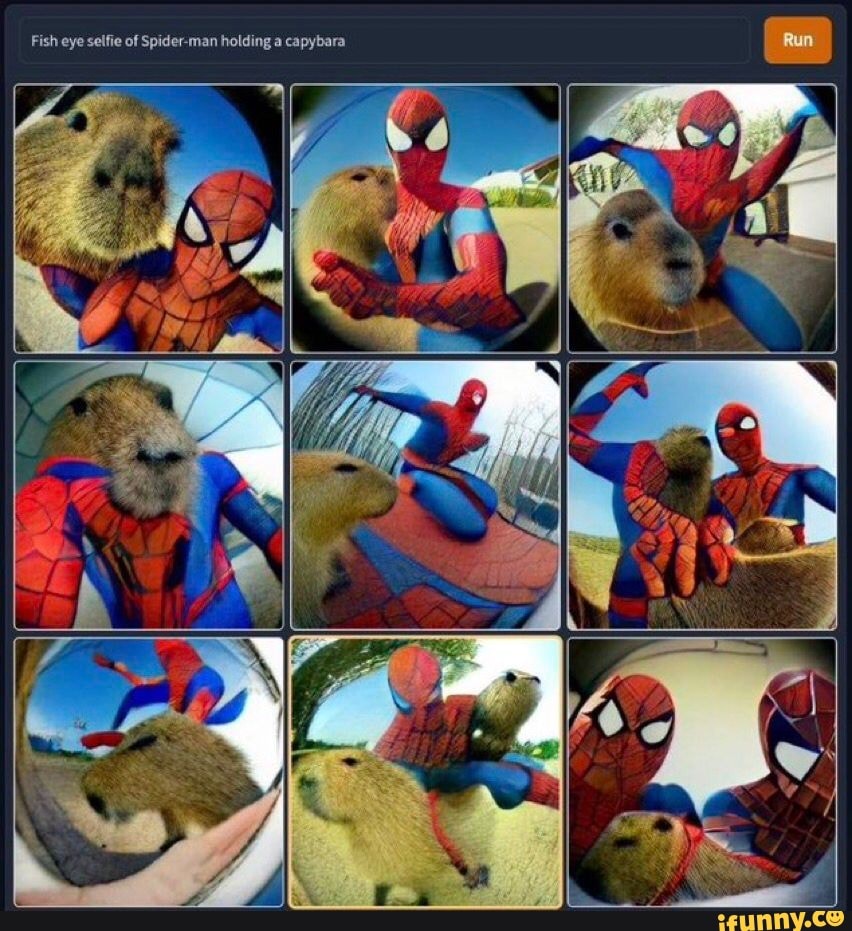 Fish eye selfie of Spider-man holding a capybara - iFunny