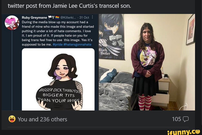 Twitter post from Jamie Lee Curtis's transcel son. Ruby Greymane ...