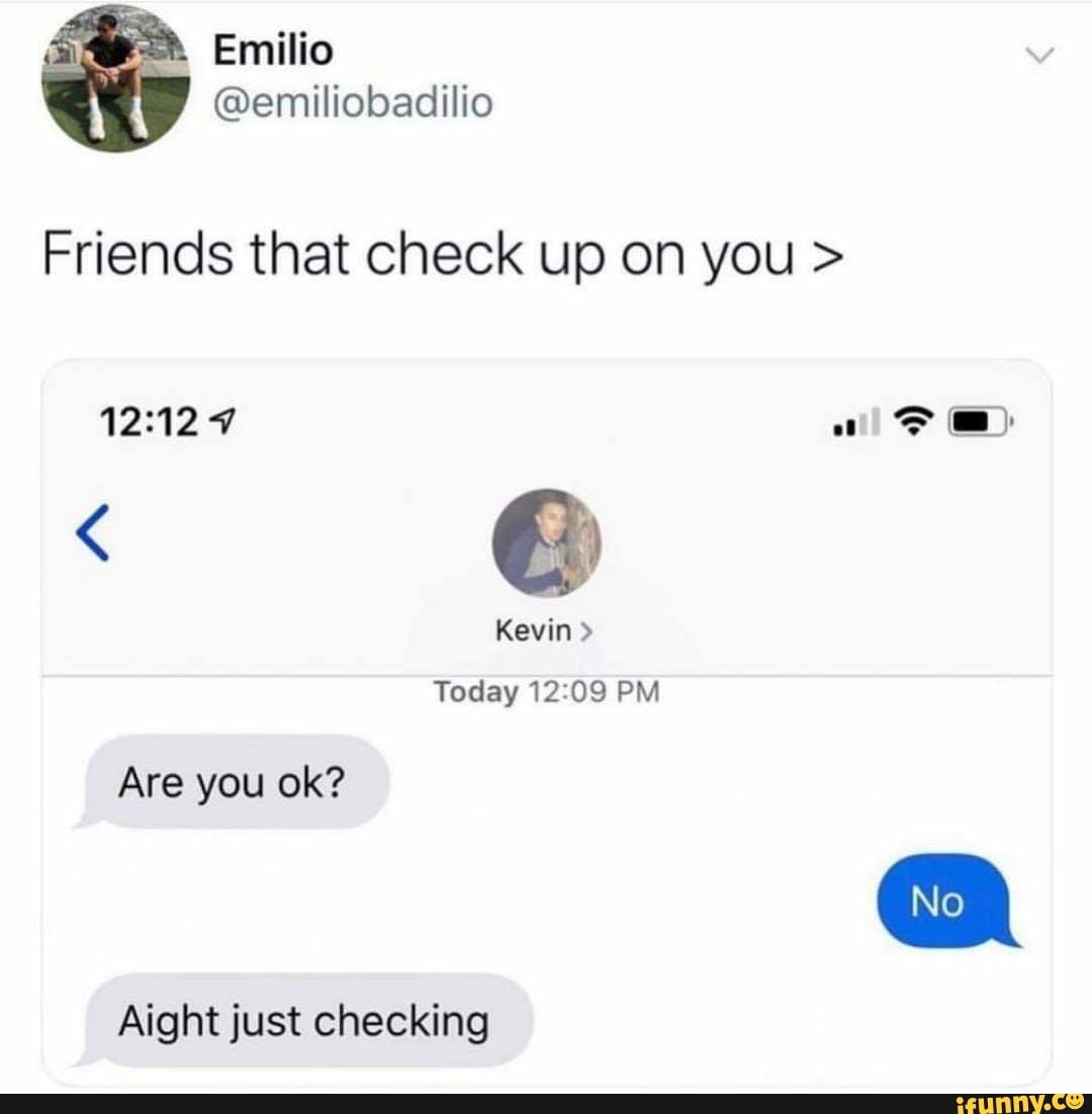 Friends that check up on you Are you ok? Aight just checking - iFunny