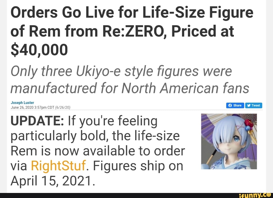 Orders Go Live for Life-Size Figure of Rem from Re:ZERO, Priced at ...