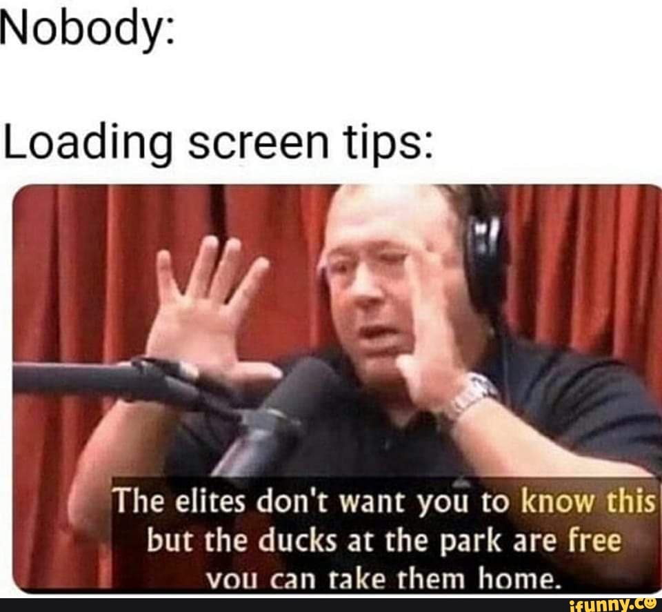 Nobody: Loading screen tips: The elites don't want you to know this but ...