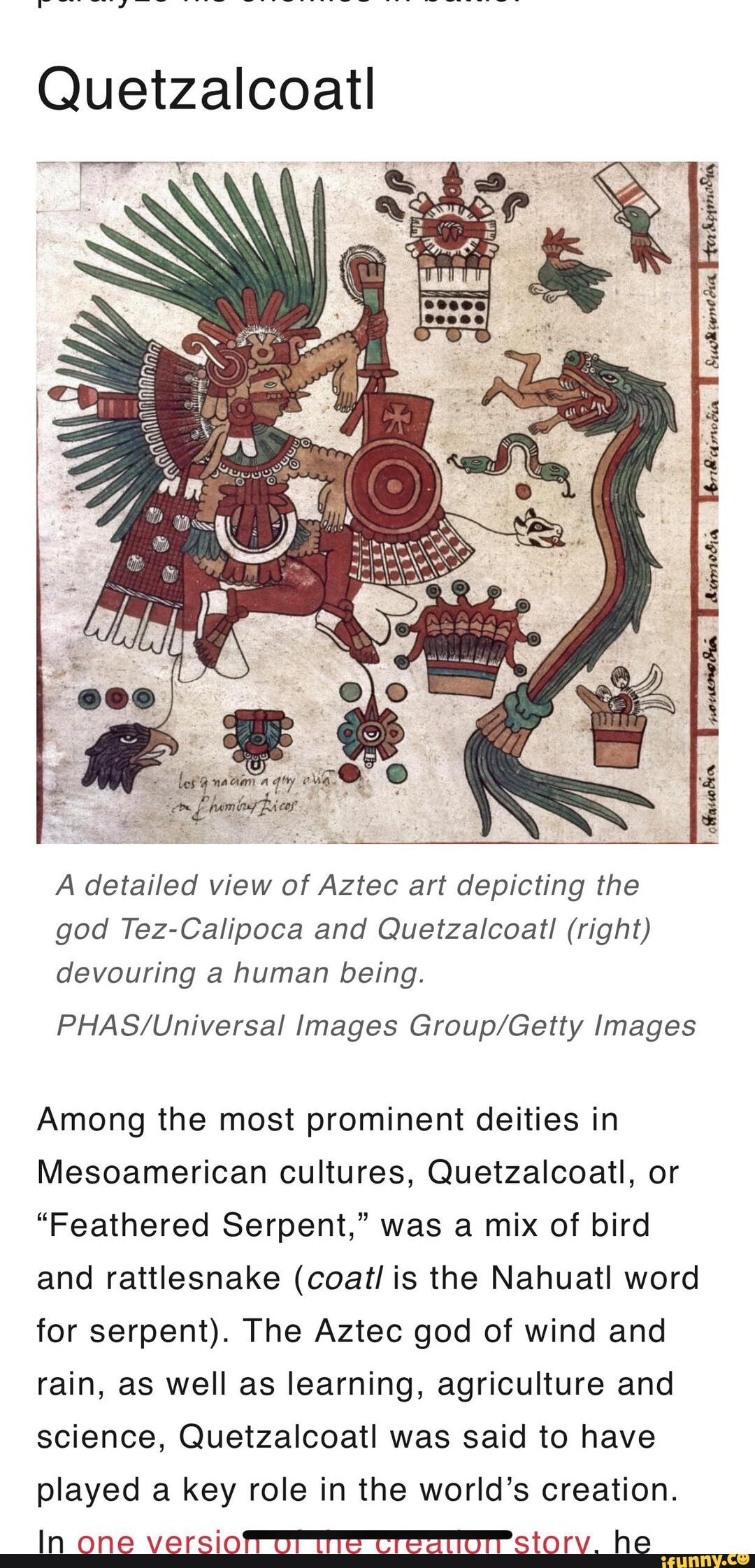 Quetzalcoatl A detailed view of Aztec art depicting the god Tez ...