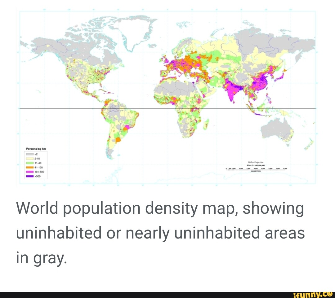 World population density map, showing uninhabited or nearly uninhabited ...