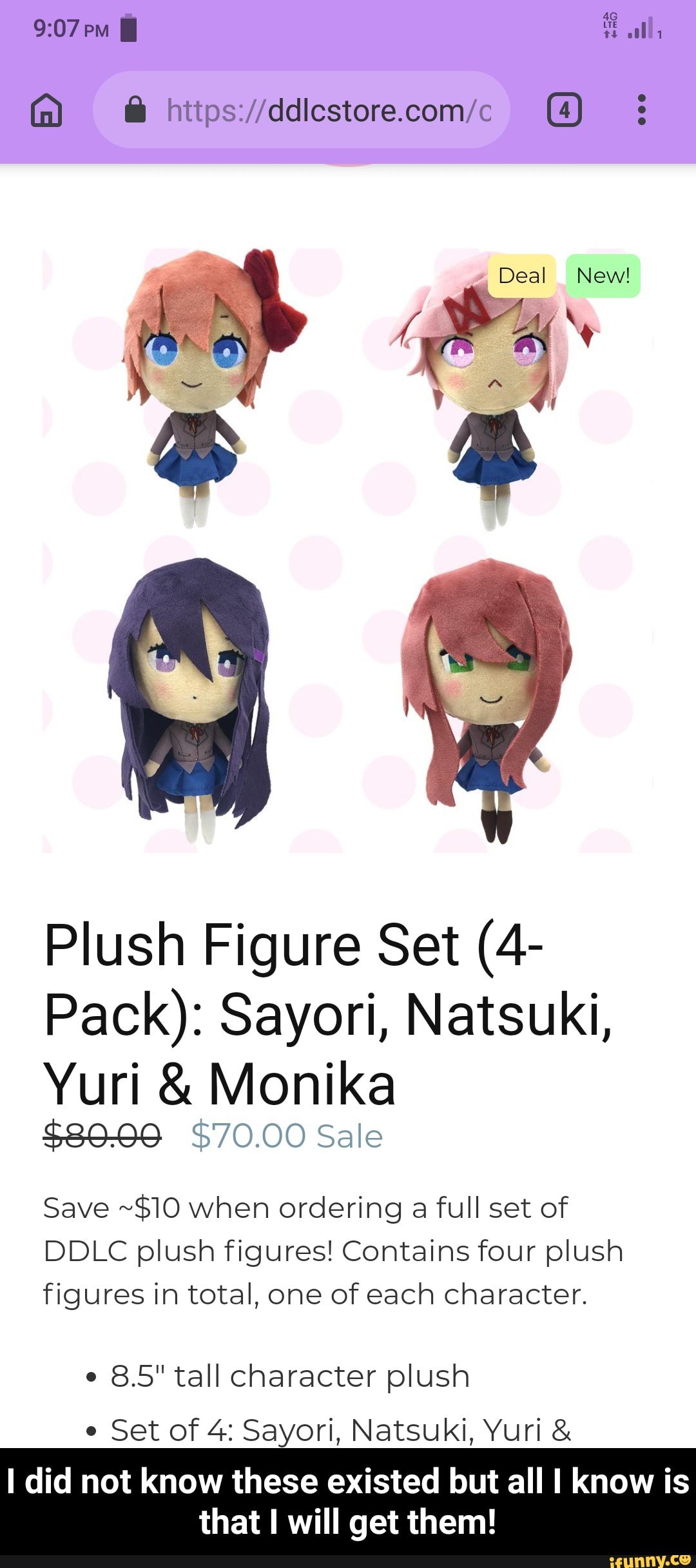 Plush Figures : Sayori 4-Pack Plush Figure Set Doki Doki Literature ...