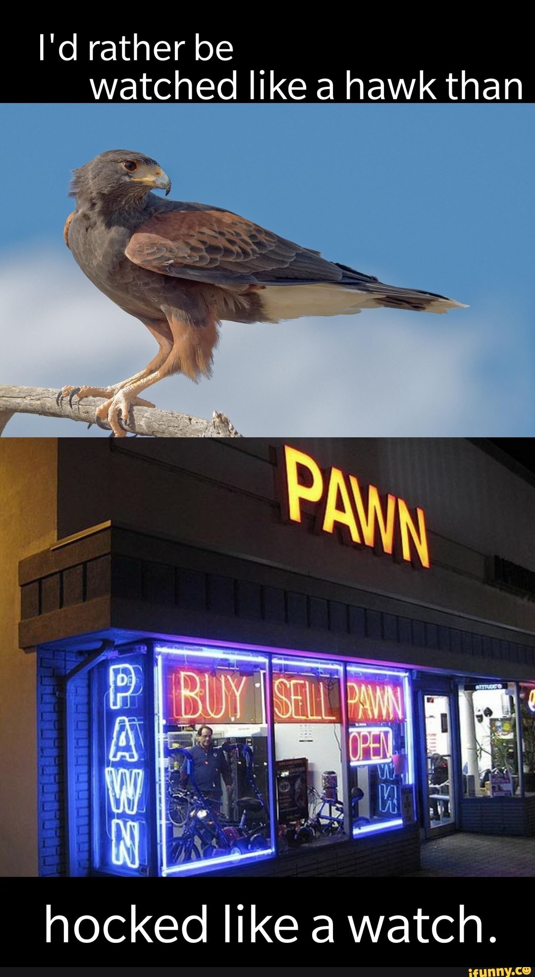 I'd rather be watched like a hawk than hocked like a watch. - iFunny