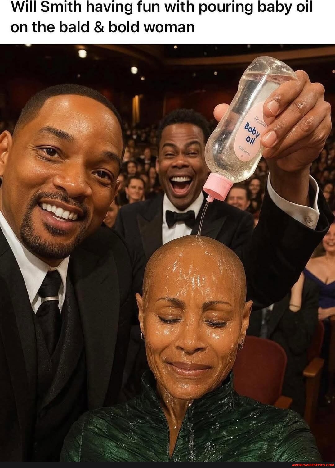 Will Smith having fun with pouring baby oil on the bald & bold woman - America’s best pics and ...