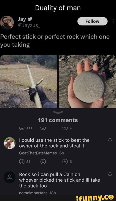 Duality of man Foll Jay Perfect stick or perfect rock which one you ...
