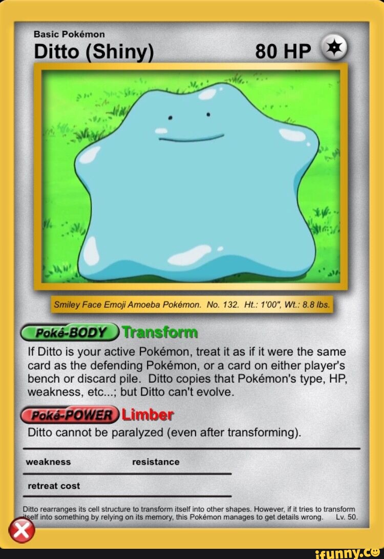 Basic Pokmon Ditto (Shiny) Smiley Face Emoji Amoeba Pokmon. No. 132. Ht ...