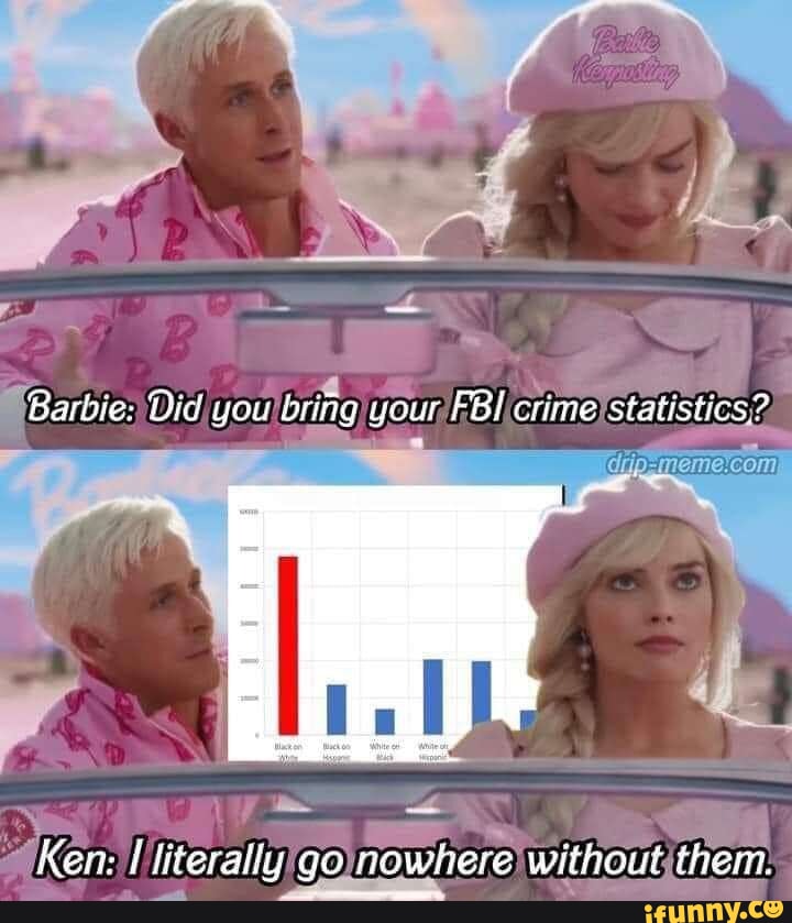 Barbie: Did you brifig your FBI crime statistics? Ken: literally go nowhere without them. - iFunny