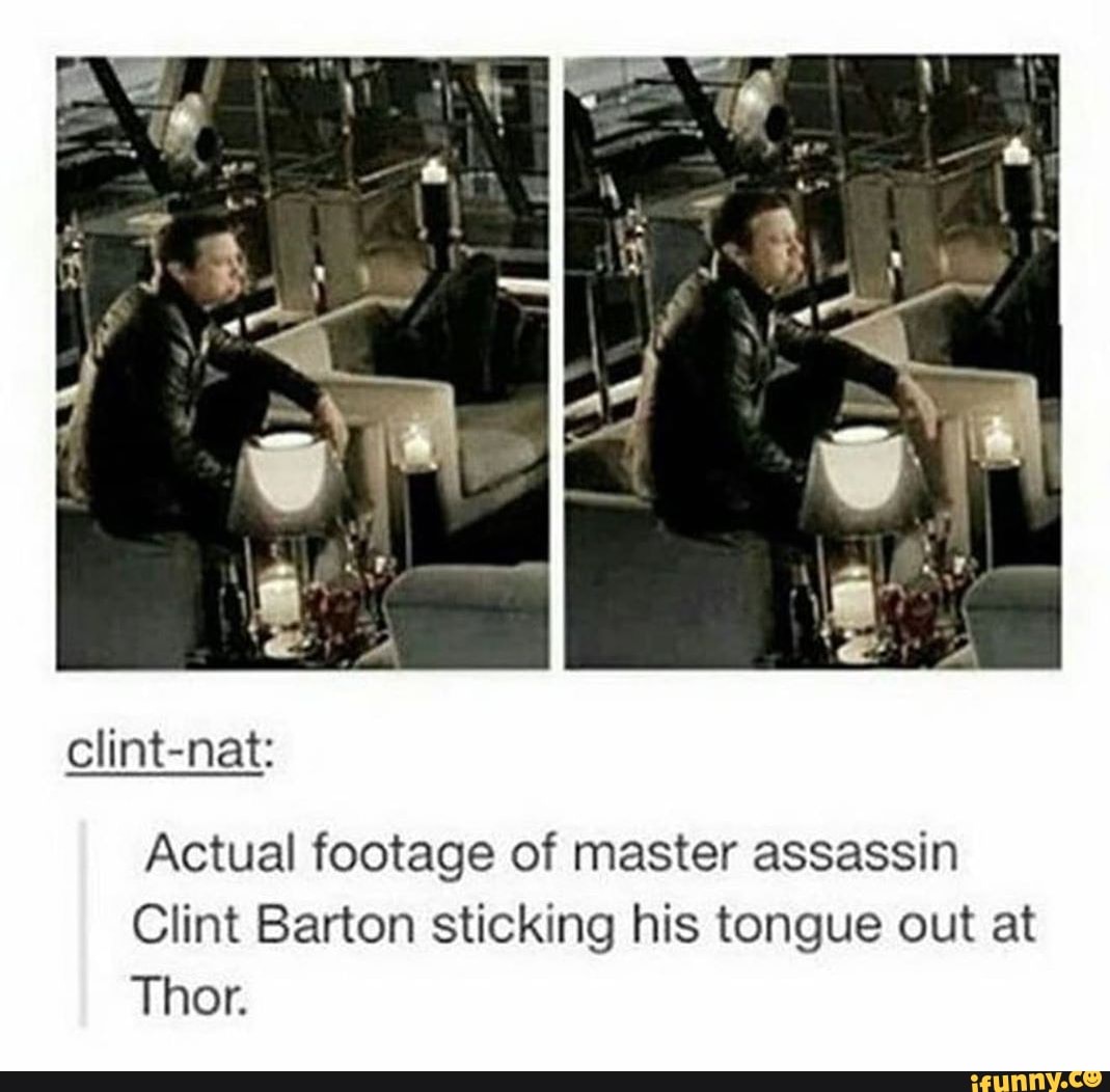 Actual footage of master assassin Clint Barton sticking his tongue out ...