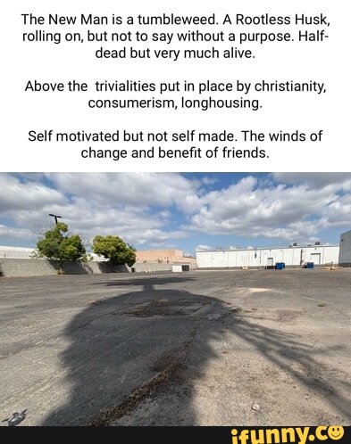 The New Man is a tumbleweed. A Rootless Husk, rolling on, but not to ...