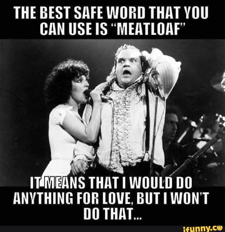 THE BEST SAFE WORD THAT YOU CAN USE IS "MEATLOAF' IT MERNS THAT wouLo ...