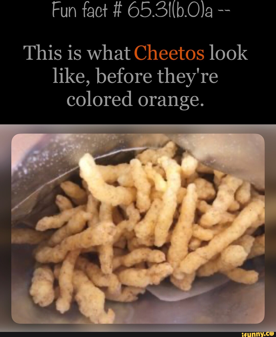 Fun fact # This is what Cheetos look like, before they're colored ...