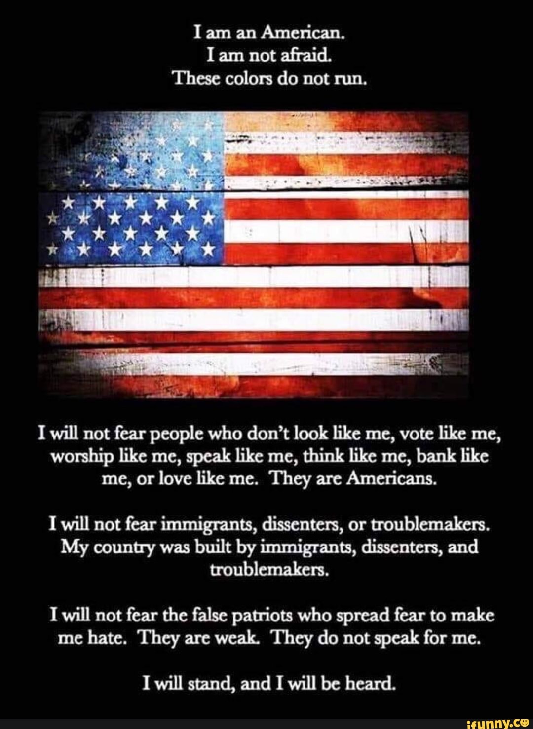 I am an American. I am not afraid. These colors do not run. I will not ...