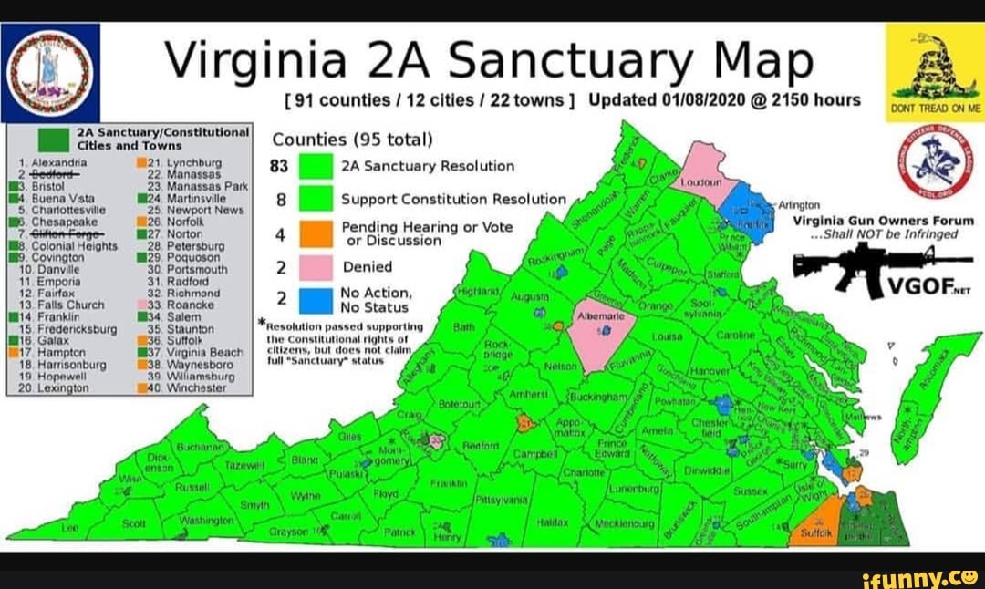 Virginia 2A Sanctuary Map [91 counties 12 cities 22towns Updated 01/08 ...