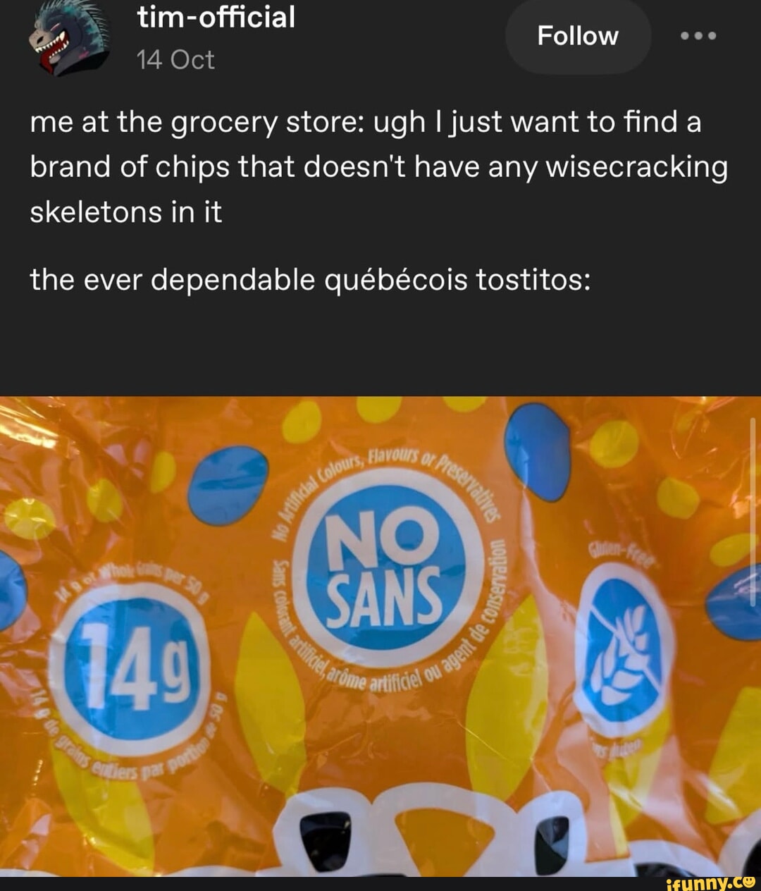 Tim-official 14 Oct Follow me at the grocery store: ugh I just want to ...