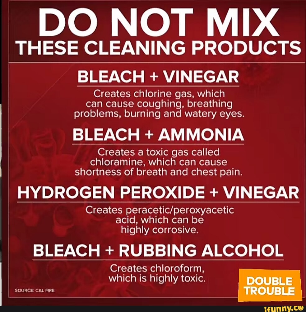 DO NOT MIX THESE CLEANING PRODUCTS BLEACH + VINEGAR Creates chlorine ...